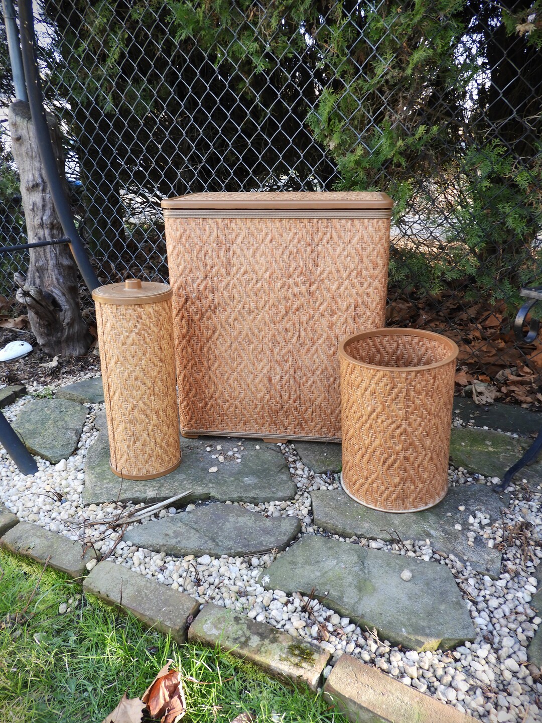 RARE Vtg MCM Natural Woven Hamper, Toilet Paper, Garbage Can Set1970's ...