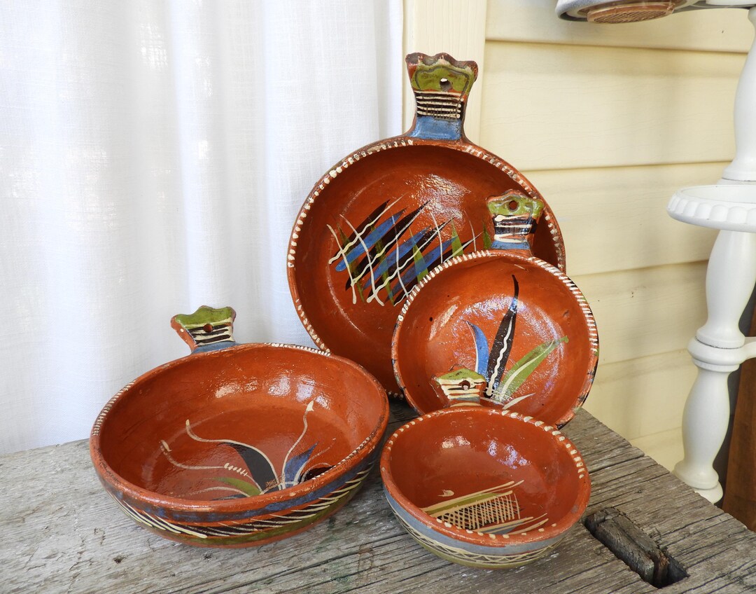 Vtg 4 1940's Mexican Redware Pottery Cookware Dishes Tlaquepaque Glazed ...