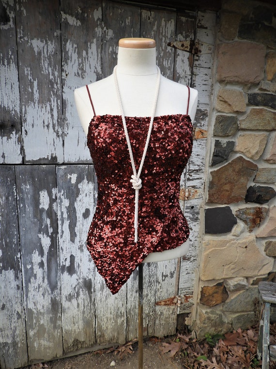 Vtg Red Sequin Top, Metal Sequined Spaghetti Strap To… - Gem