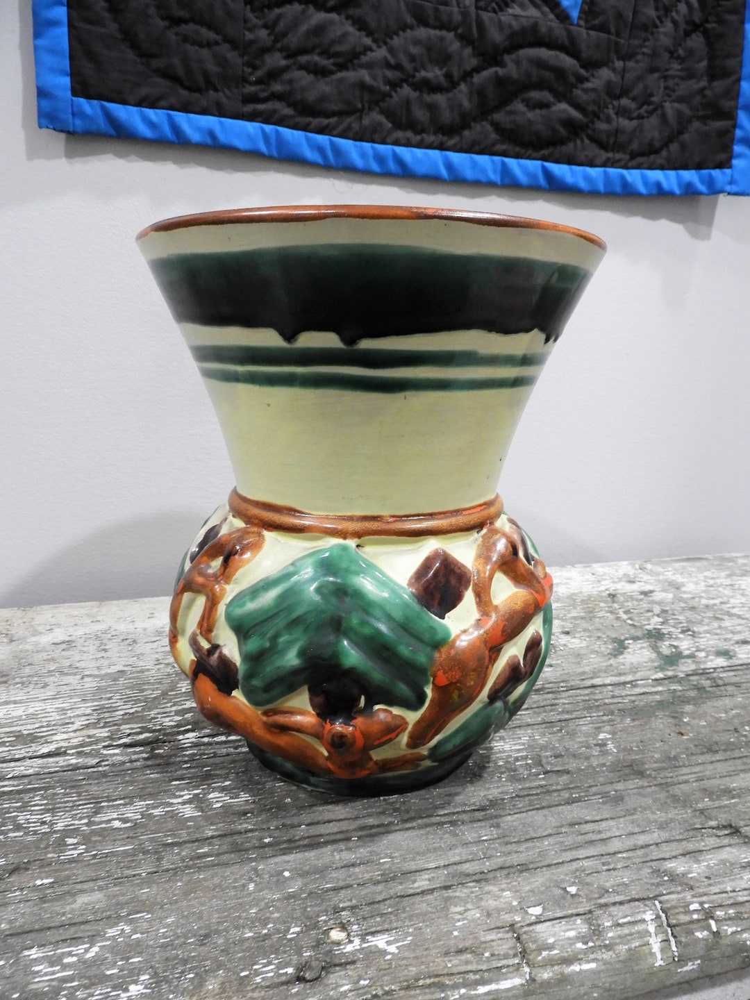Antique Shenandoah Valley Redware Pottery Vase|spitoon Reindeer Pine ...
