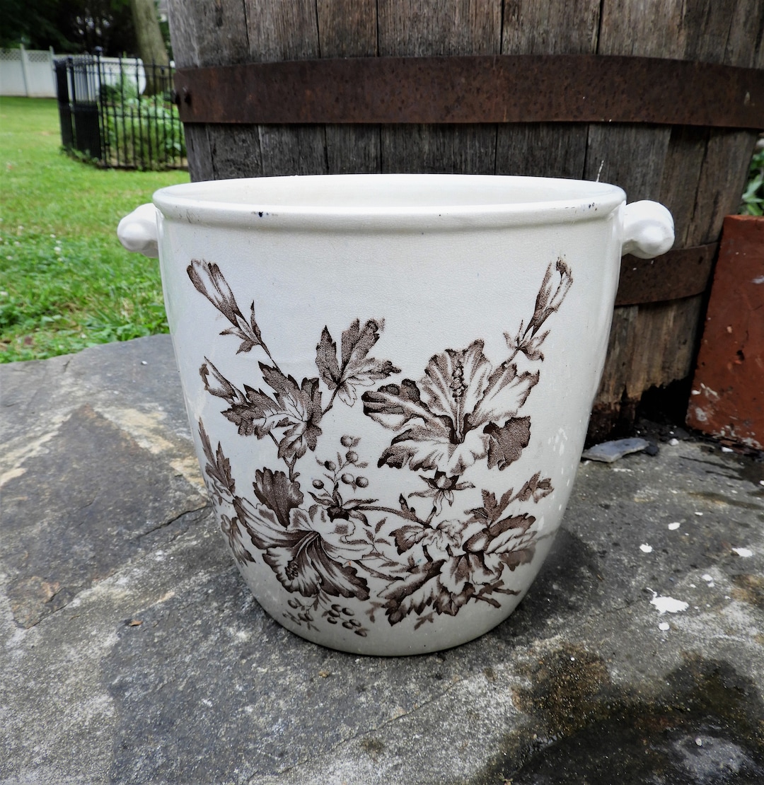 Antique Ironstone Bucket, Slop Bucket, Brown White Floral, Transferware ...