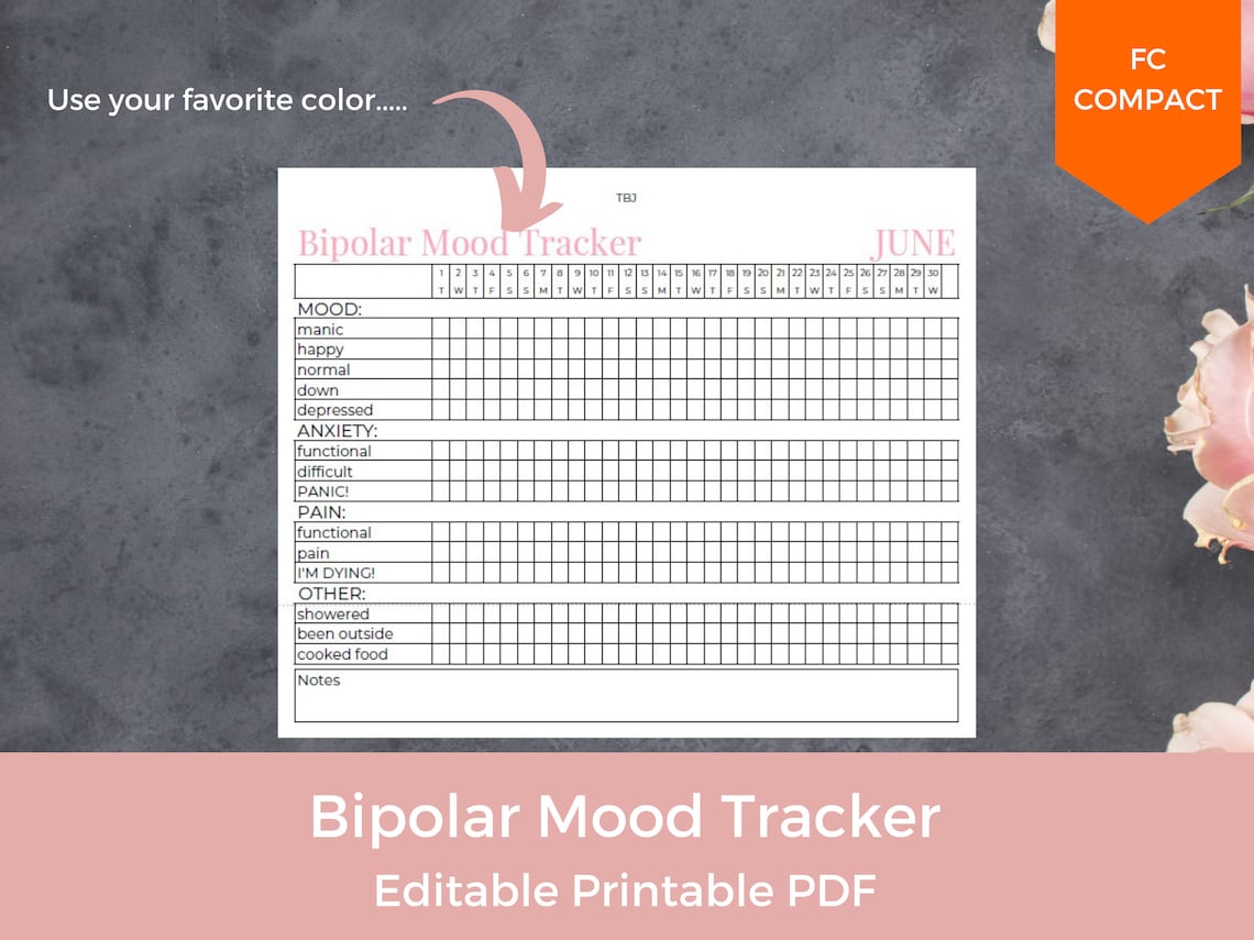 EDITABLE Bipolar Mood Tracker, Mental Health Tracker, Anxiety Tracker ...
