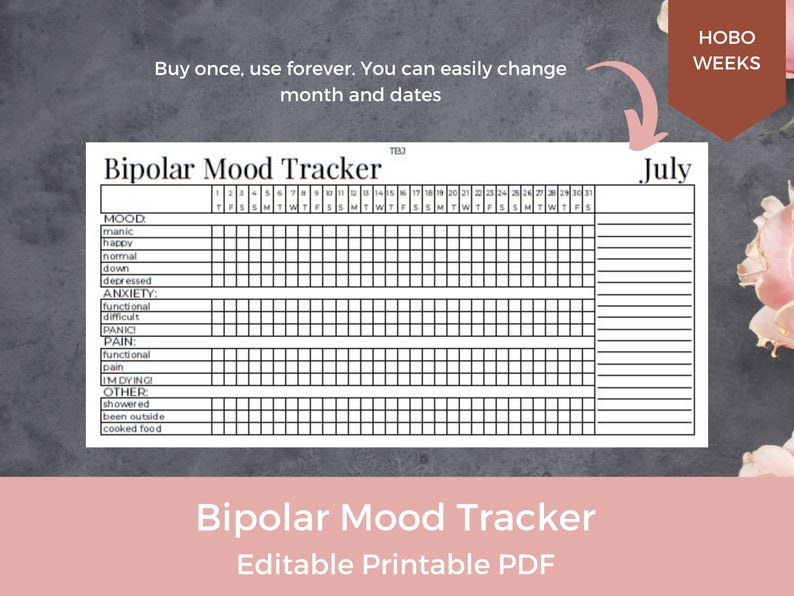EDITABLE Monthly Bipolar Mood Tracker, Mental Health Tracker, Anxiety ...