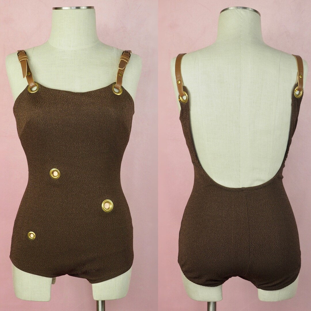 1960s Bond Girl Swimsuit Brown With Gold Rivets and Leather Straps - Etsy
