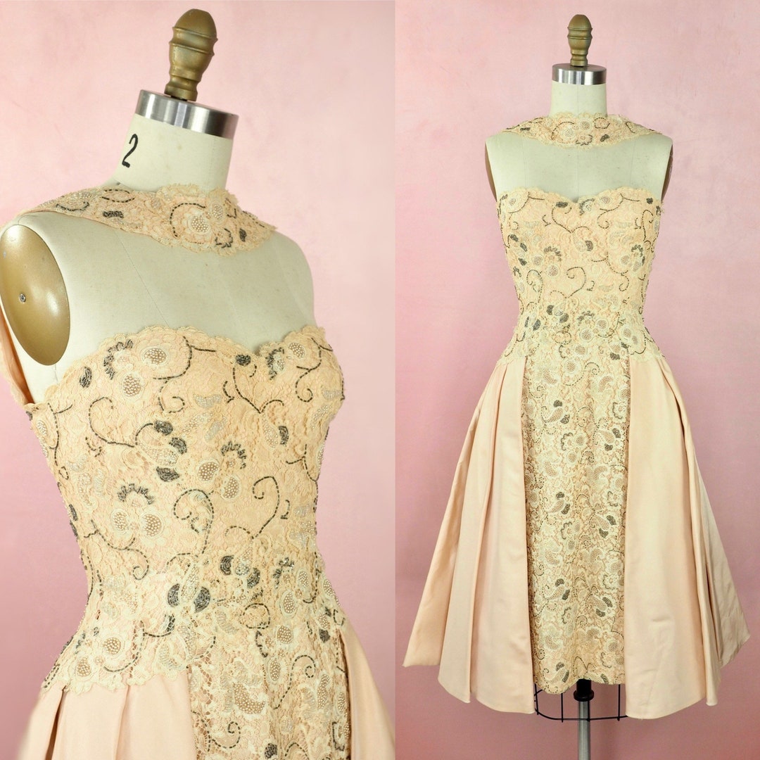1950s Heavily Embellished Lace and Silk Satin Dress With Reverse Halter ...