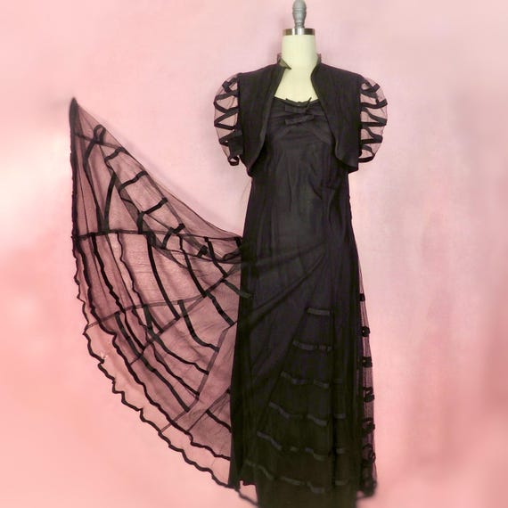 1930s black tulle and satin spider web dress with bo… - Gem