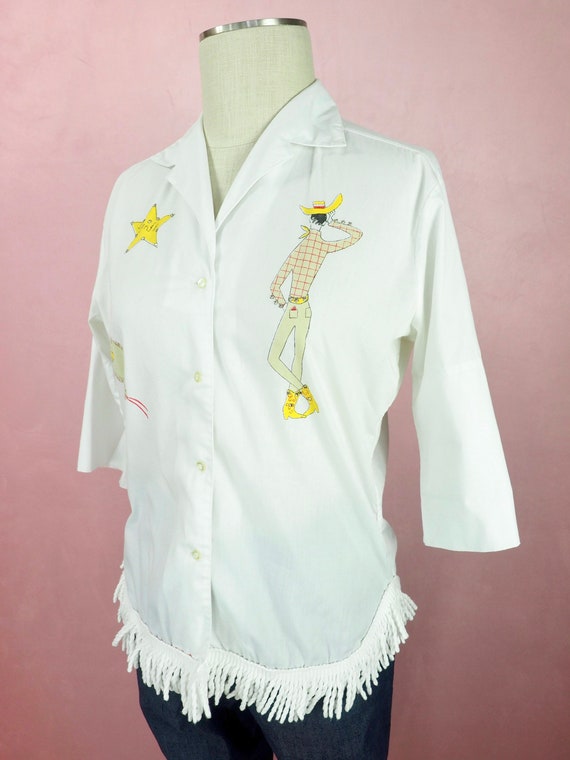1950s faux painted blouse with cheeky western cowboy … - Gem