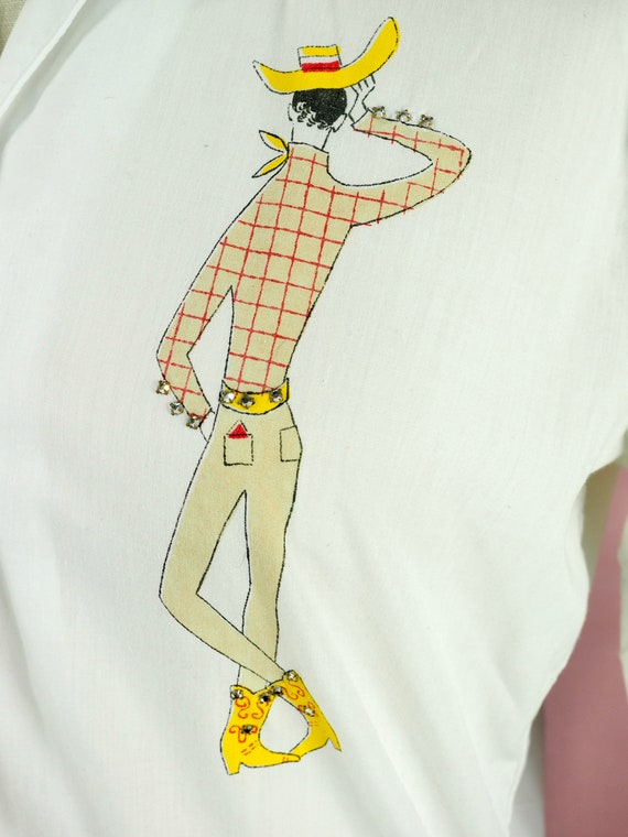 1950s faux painted blouse with cheeky western cowboy … - Gem