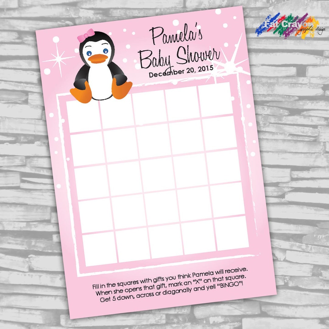CUSTOMIZABLE Penguin Baby Shower Gift Bingo Card - PINK - 5" X 7 ...