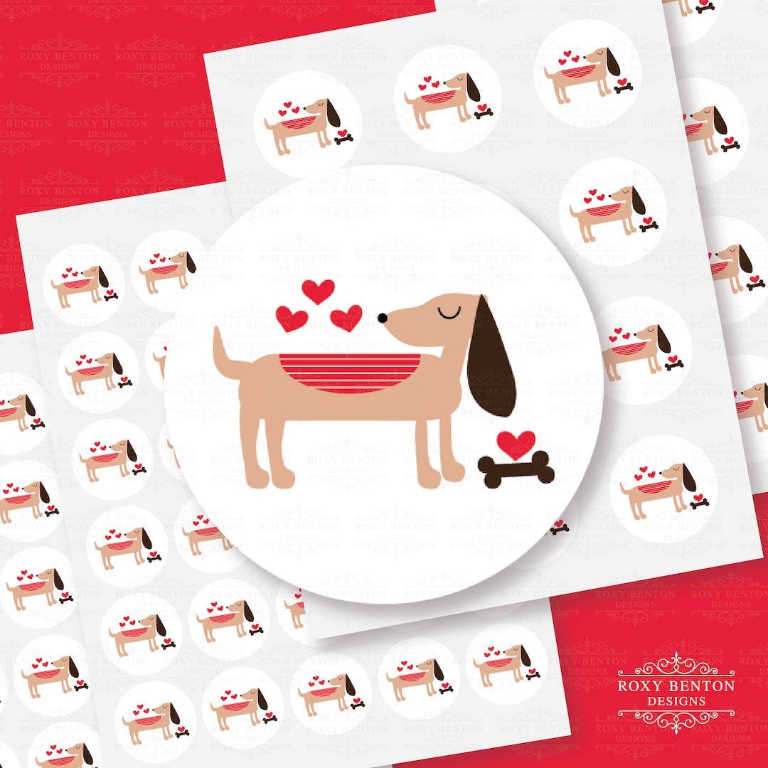 Dachshund Valentine, Dog Treat and Hearts, Envelope Seal, Sticker Sheet ...