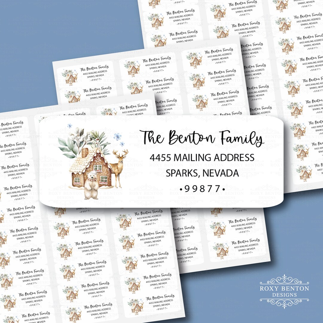 Holiday Winter House With Bear and Deer, Blue Flowers, Gingerbread ...