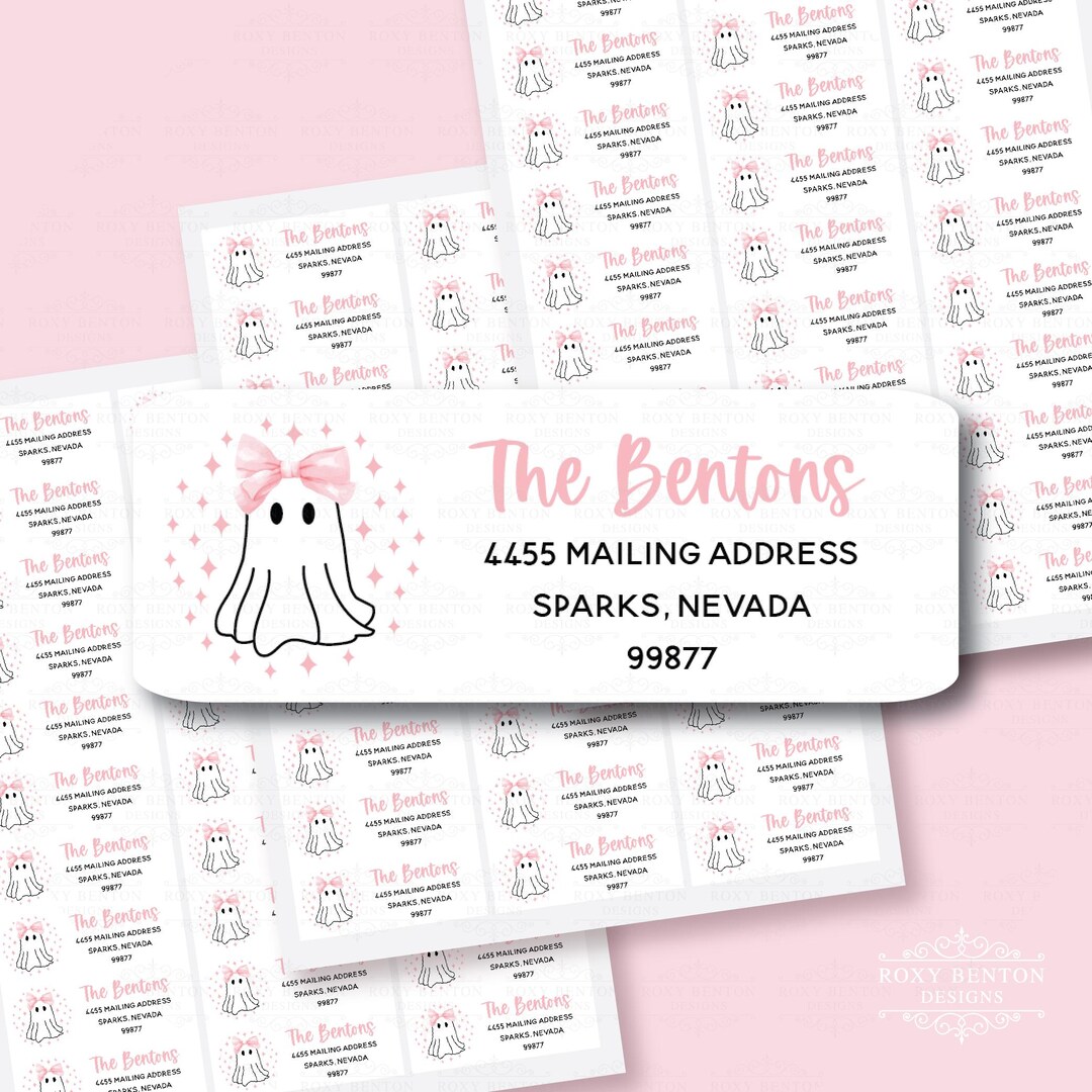 Cute Coquette Ghost With Pink Bow and Sparkles, Return Address Labels ...