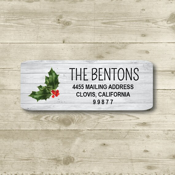 Christmas Holly Rustic Gray Wood Background Return Address | Etsy