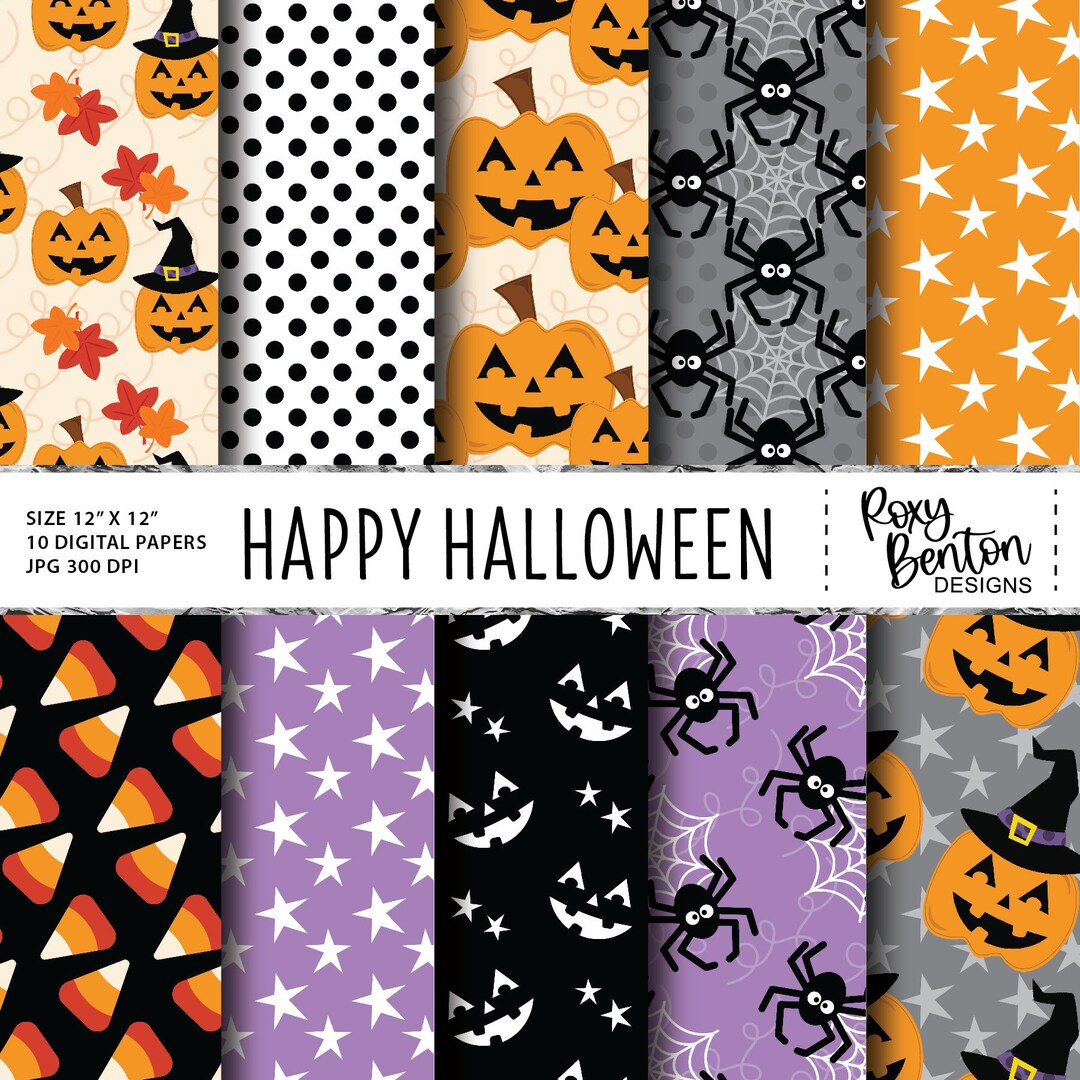 Happy Halloween Digital Paper Pack Fall Leaves, Stars, Spiders, Jack-o ...