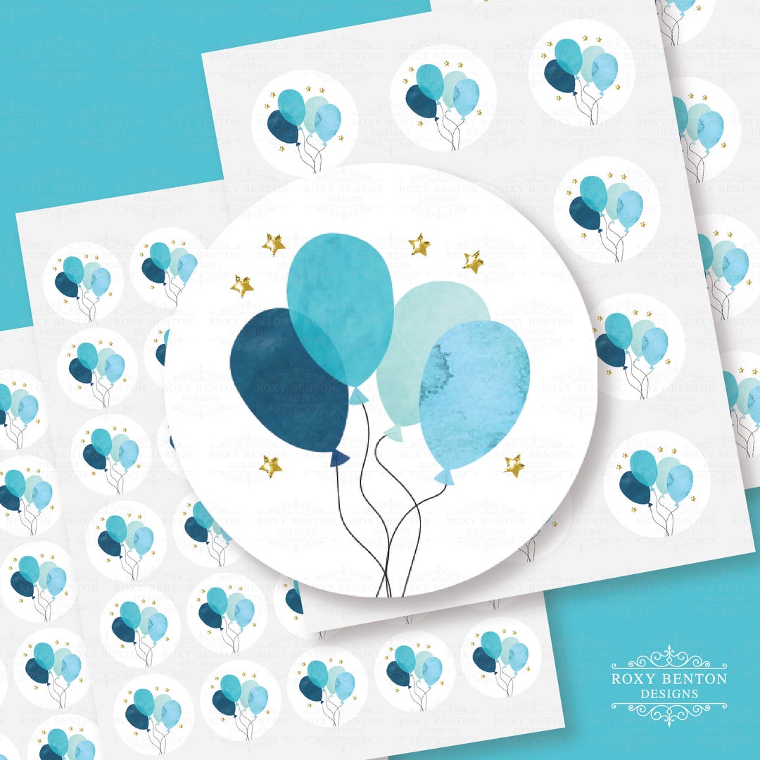 Watercolor Blue Balloons, Gold Stars, Circles Sticker Sheet, Envelope ...