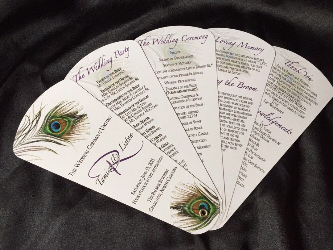 Ceremony Itinerary, Exotic Peacock Wedding Program Fans, Custom Petal Fan Programs, Unique ...