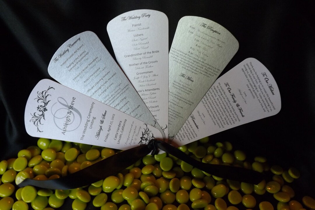 Ornate Trumphet Wedding Program Fans, Black Tie Wedding Fan Programs ...