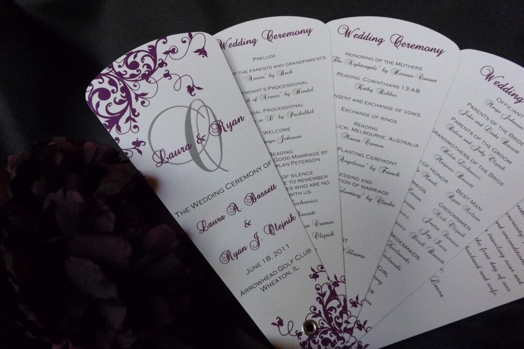 Ceremony Itinerary, Floral Swirls Hand Fans, Custom Petal Fan Programs, Minimalist Purple ...