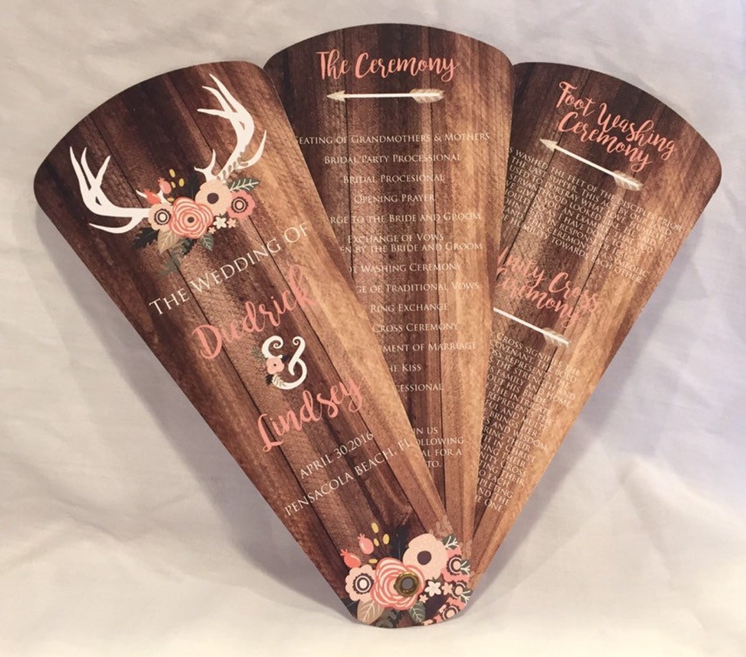 Rustic Wedding Program Fans, Petal Fan Programs, Wooden Antlers Program ...