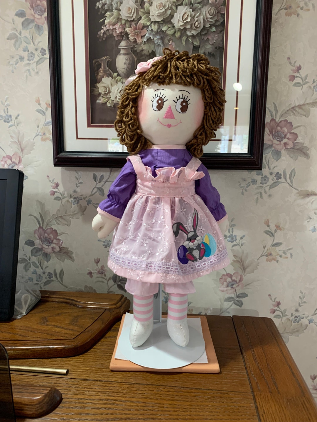 Raggedy Ann Doll in Pink and Purple With Easter Bunny Embroidered on ...