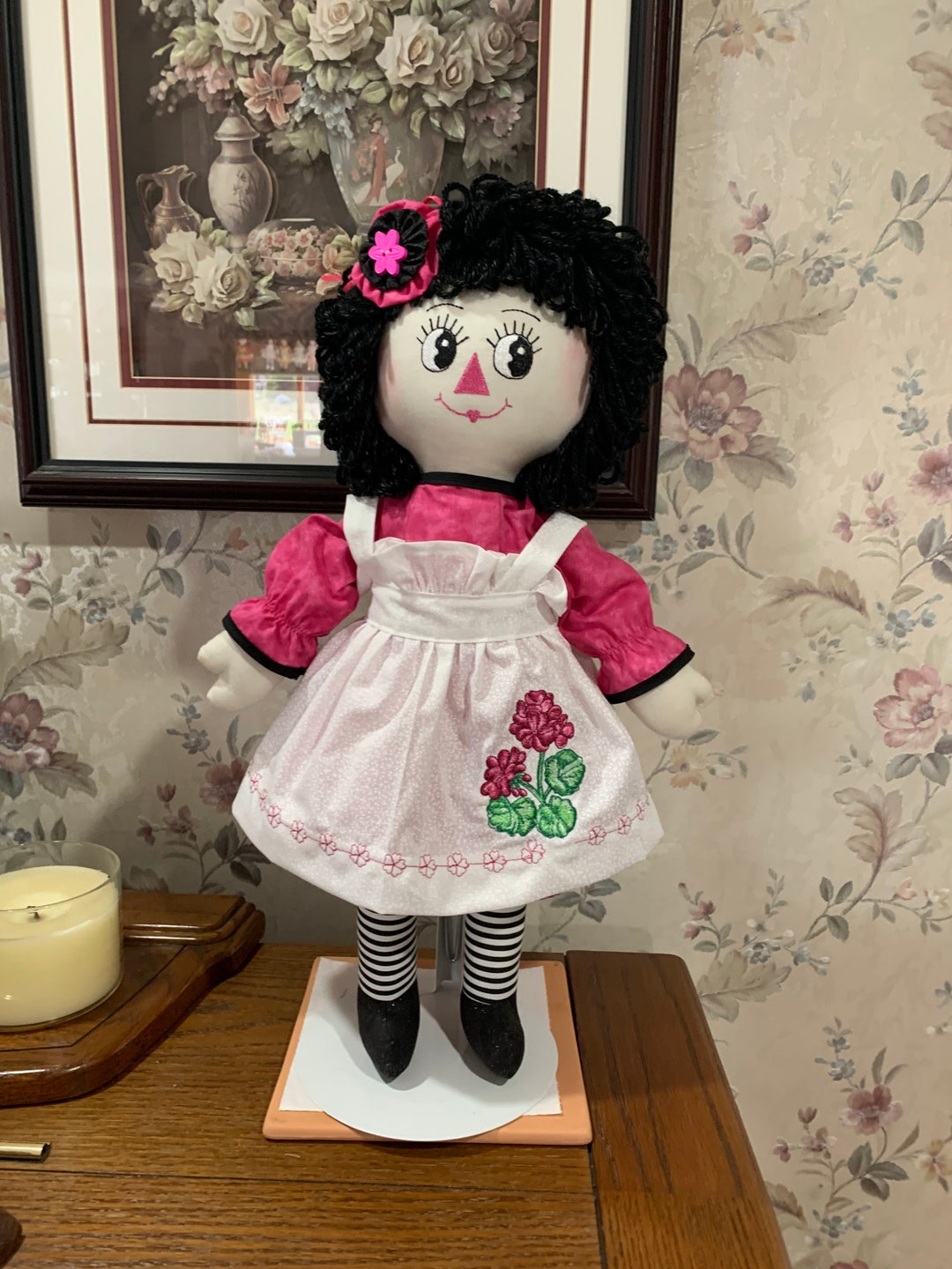 Raggedy Ann Doll in Bright Pink, Black, and White With Two Beautiful ...