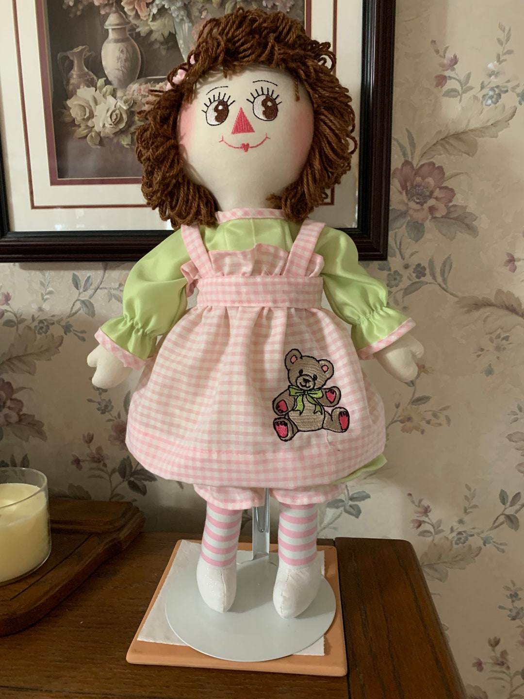 Raggedy Ann Doll in Lime Green, Pink, and White With Teddy Bear ...