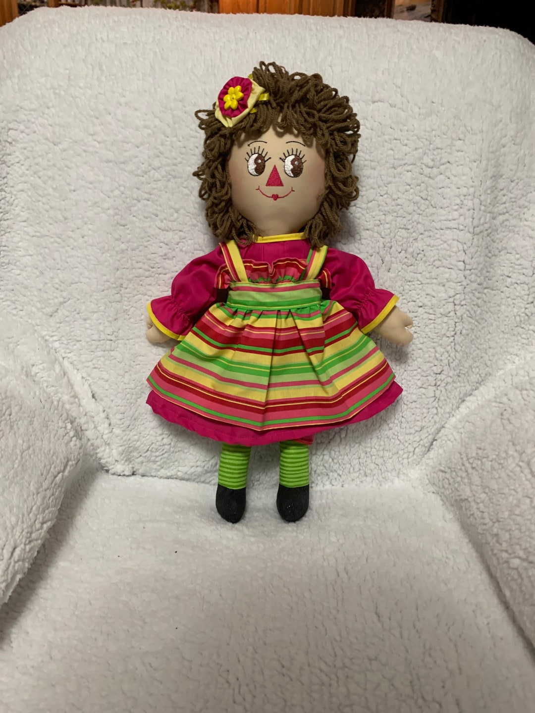 Raggedy Ann Doll in Bright Pink , Green, and Yellow Stripes on Apron ...