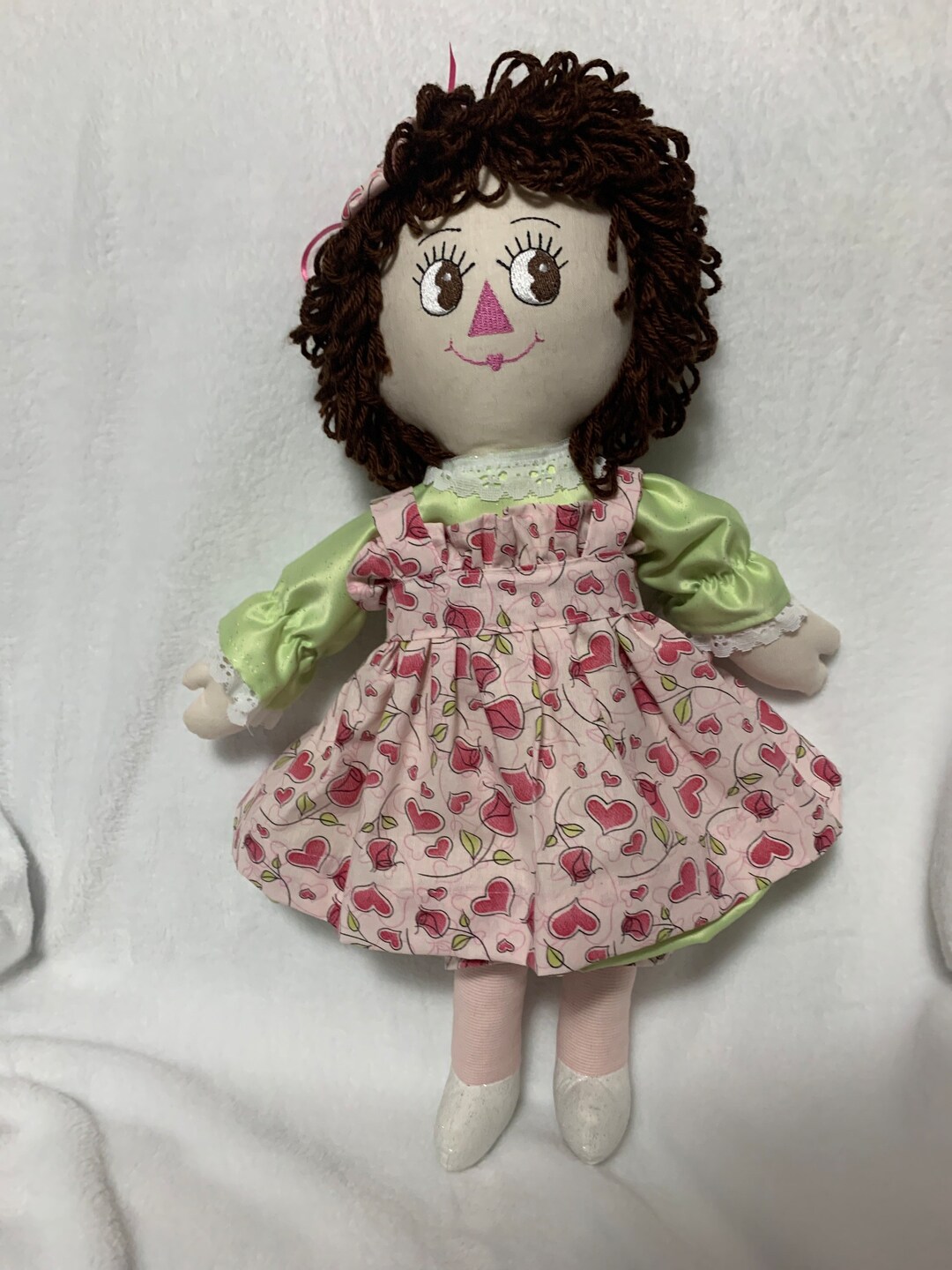 Raggedy Ann Doll in Green and Light Pink With Bright Pink Hearts in ...