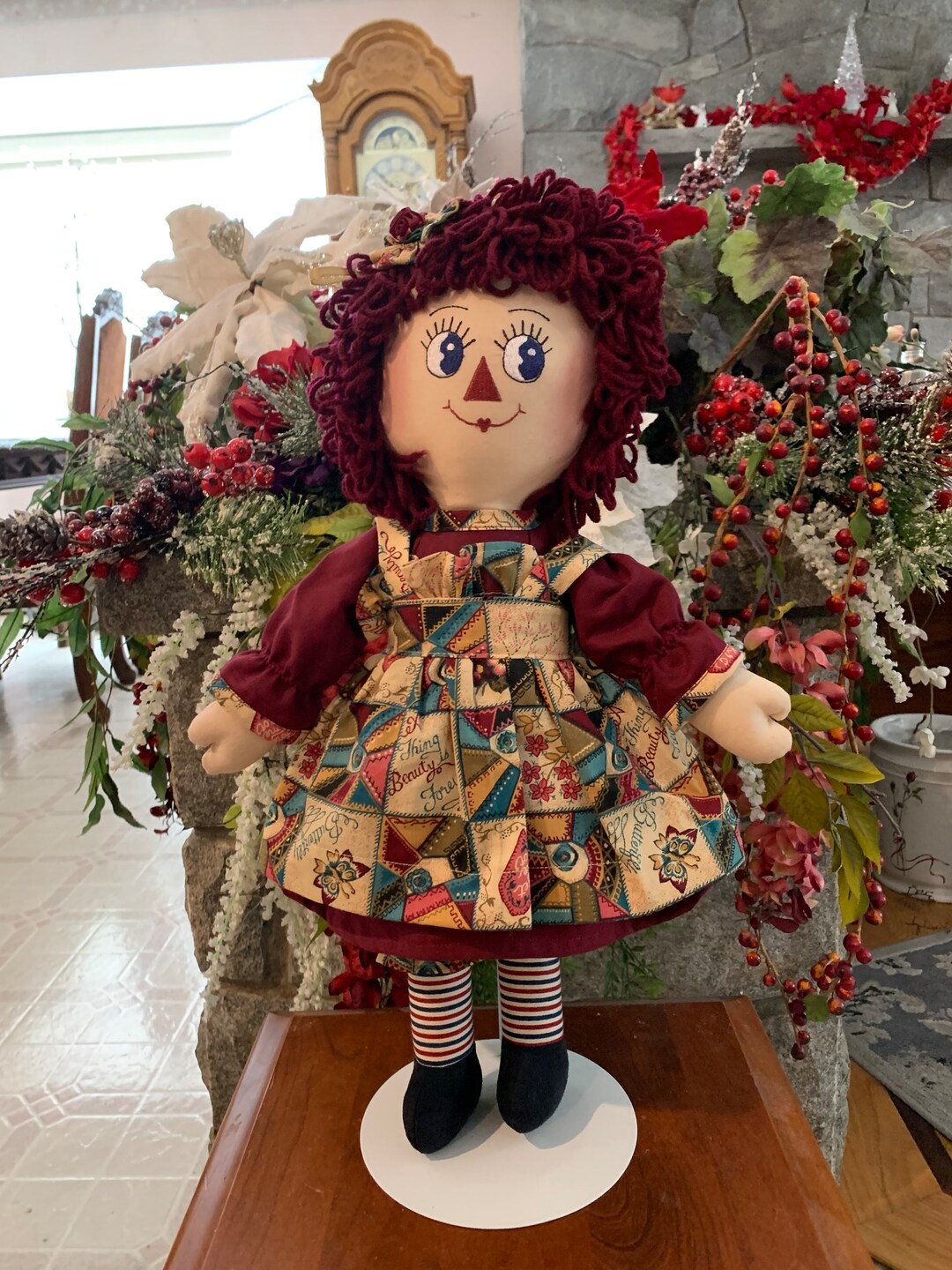 Raggedy Ann Doll With Burgundy, Colonial Blue and Cream With Patchwork ...
