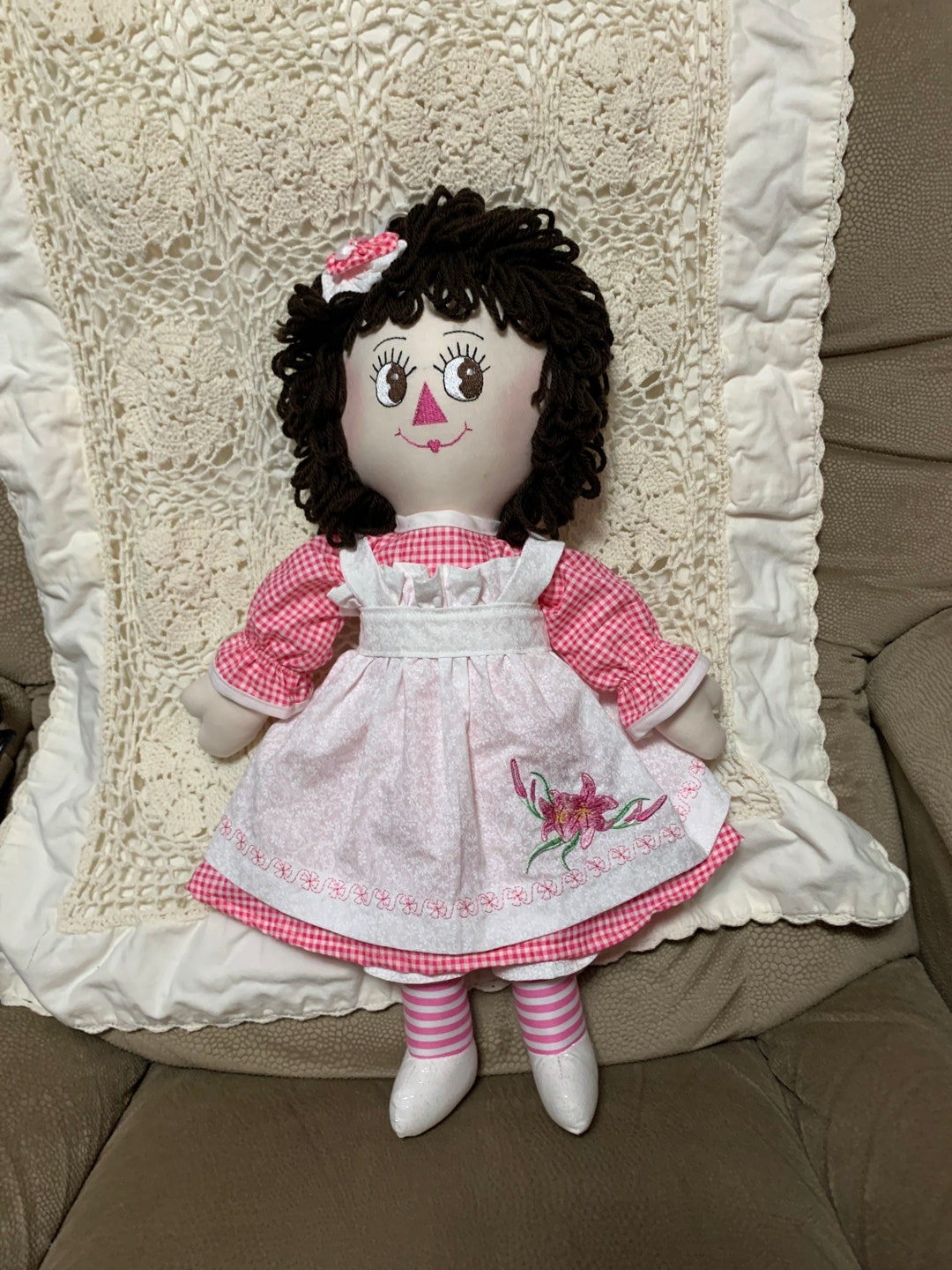 Raggedy Ann Doll in Bright Pink and White With Pink Lillies Embroidered ...