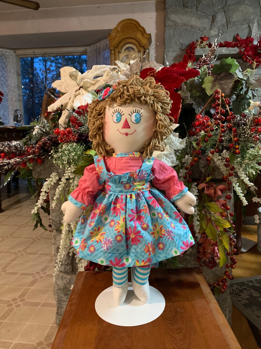 Raggedy Ann Doll in Bright Pink and Aqua With Beautiful Floral Print on ...