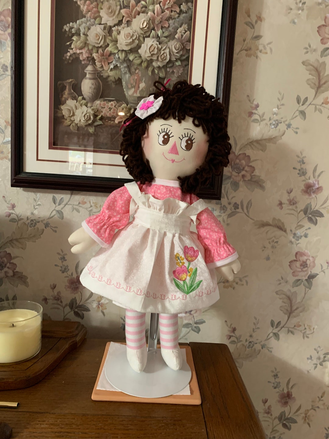 Raggedy Ann Doll in Pink and White With Two Pink Tulips Embroidered on ...