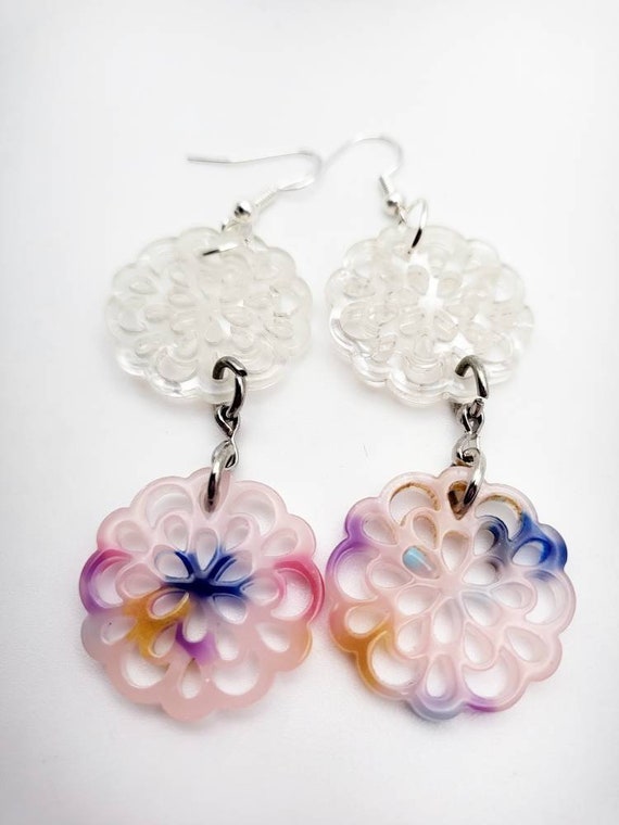 Translucent Floral Tiered White and Multicolor Earrings - Etsy
