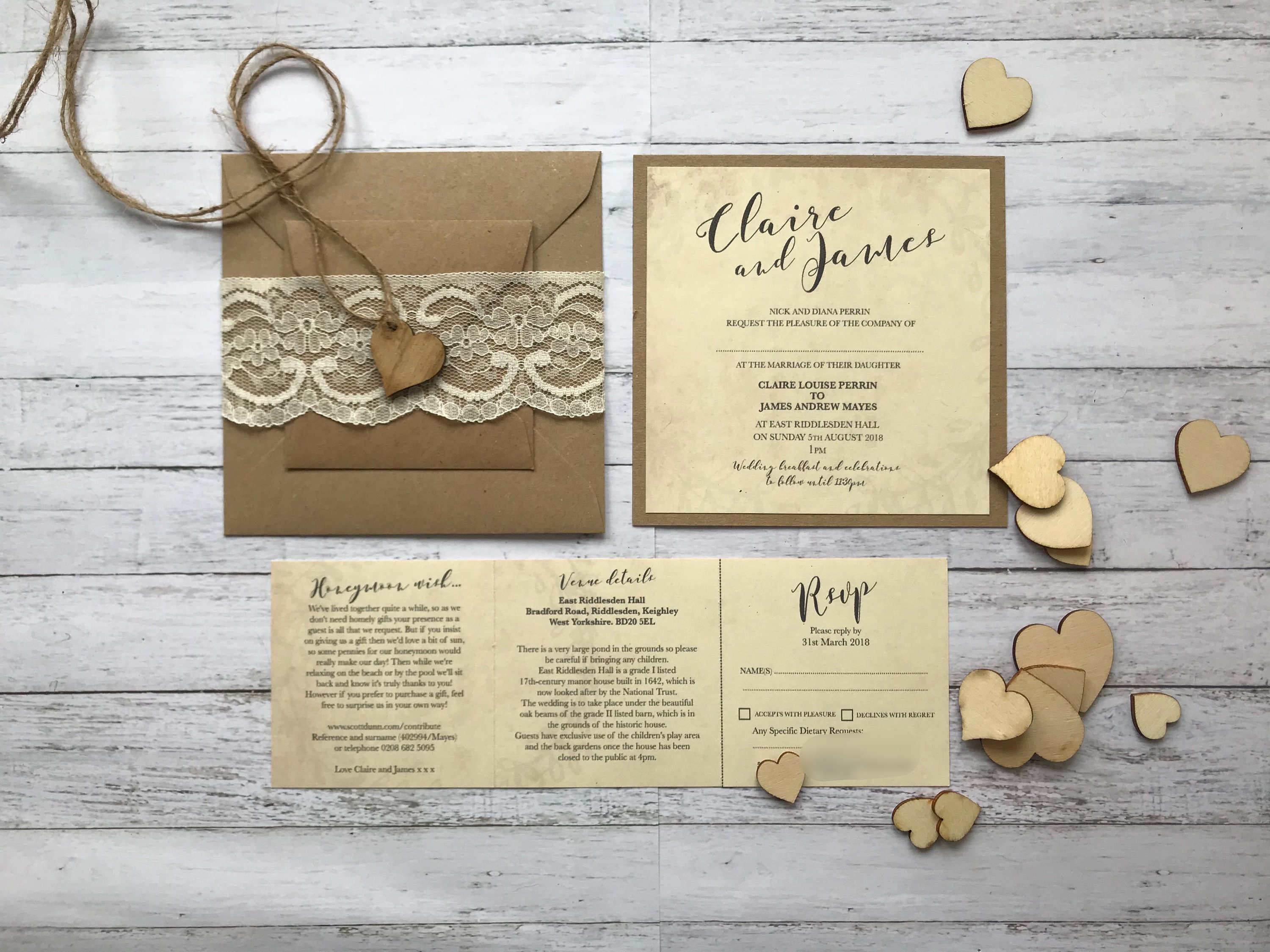 Rustic Wedding Invitation - Lace Wedding Stationery - Rustic Wedding ...