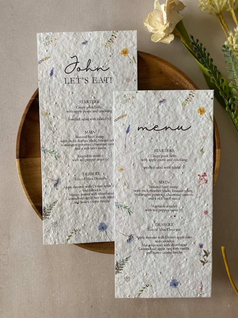 Plantable Seeded Paper Wedding Menu Place Cards: Wildflower Design ...