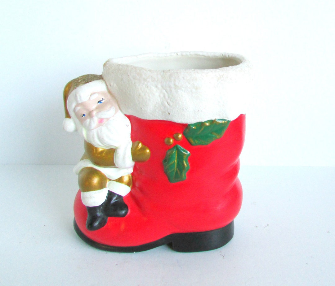 Vintage Ceramic Santa Boot Planter With Gold Santa - Etsy