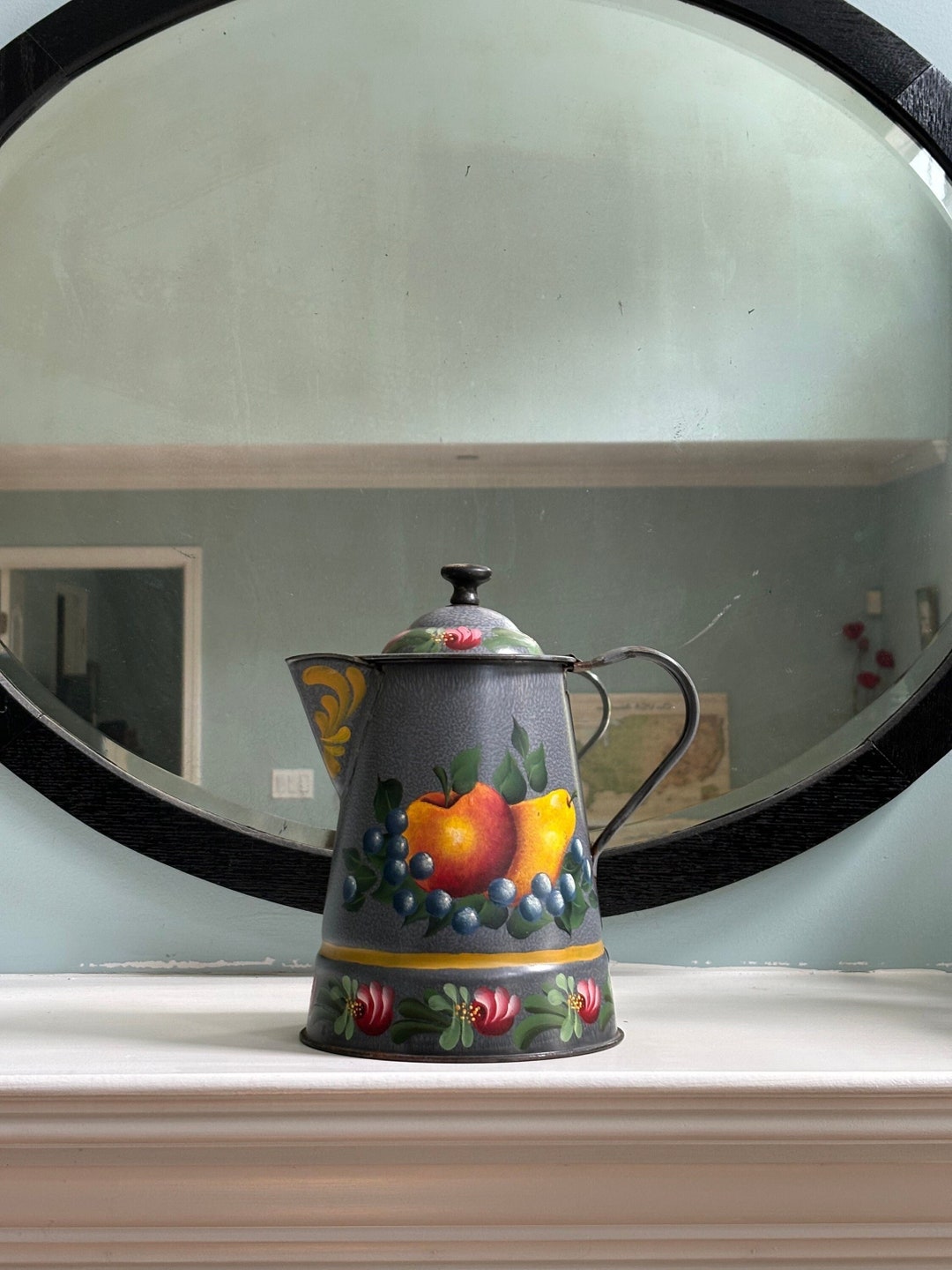 Vintage Decorated Tin Coffee Pot With Fruit and Flowers/toleware - Etsy