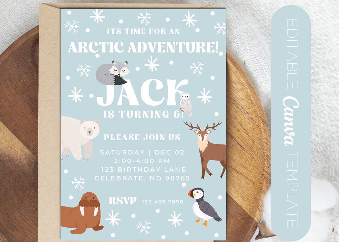 Arctic Animal Birthday Invite | Canva Editable Birthday Invite | Fully ...