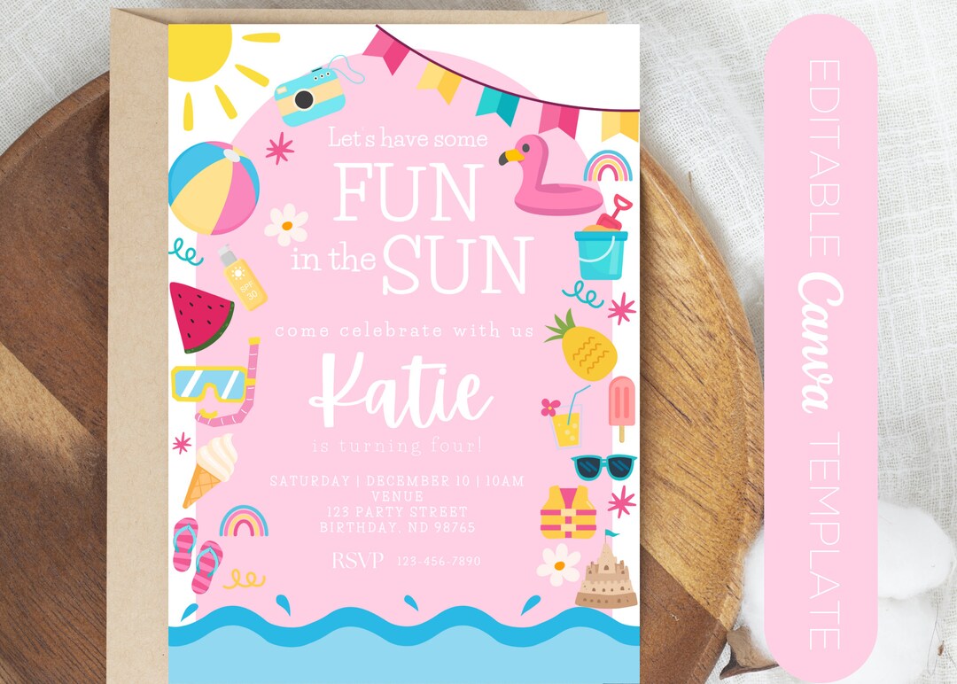 Fun in the Sun Girl Birthday Invite | Canva Editable Birthday Invite ...