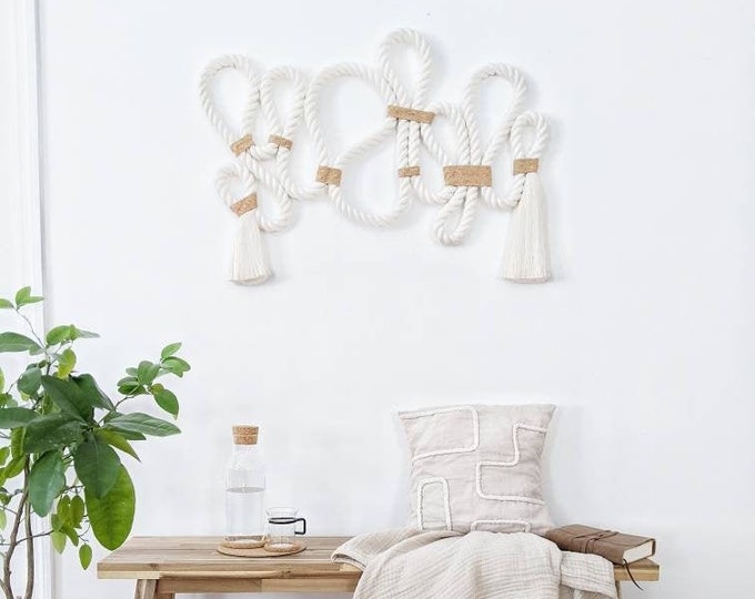 Large Rope Art Wall Sculpture With Cork Details, Fiber Art Wall Hanging ...