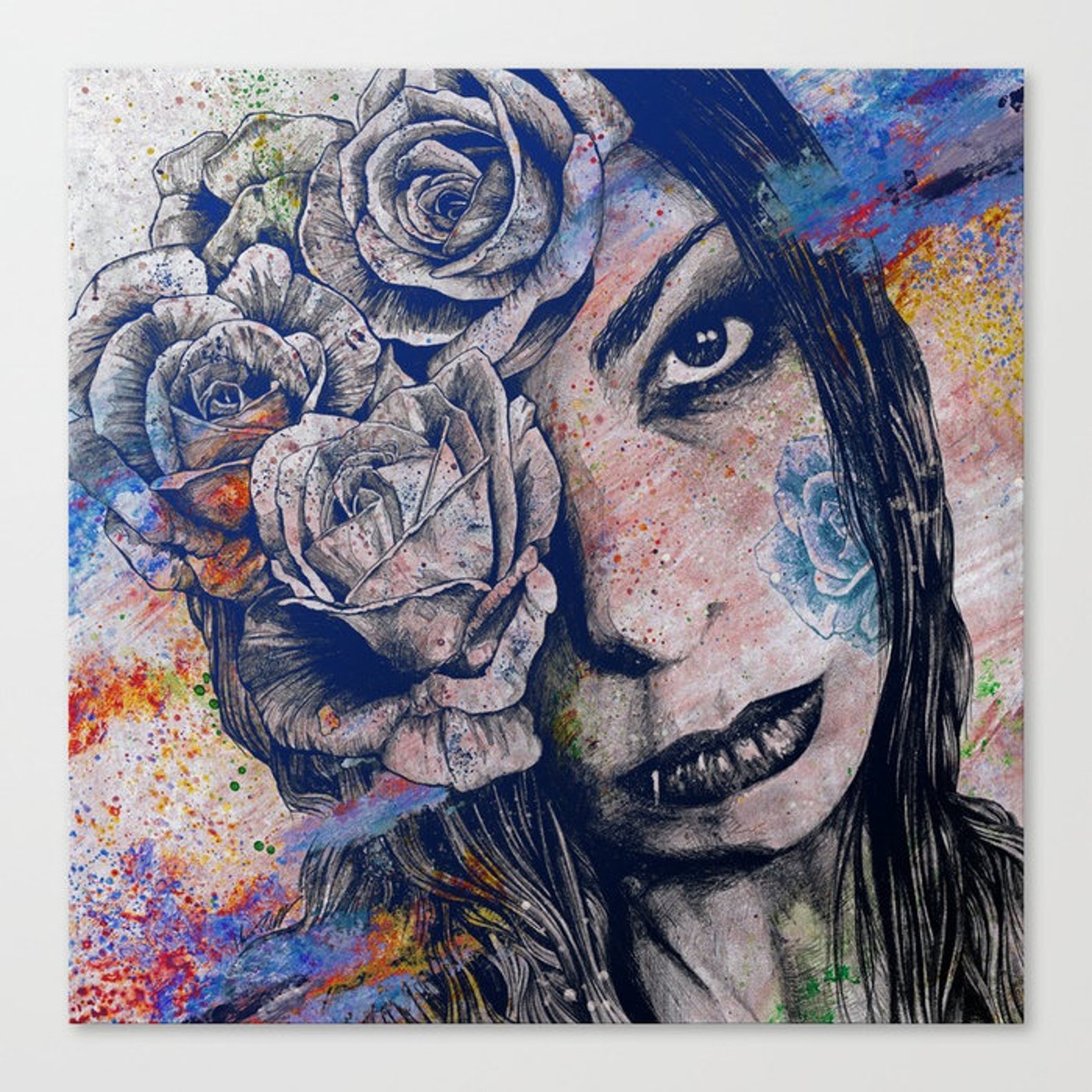 Goth Flower Lady Portrait Street Art Stretched Canvas Print - Etsy