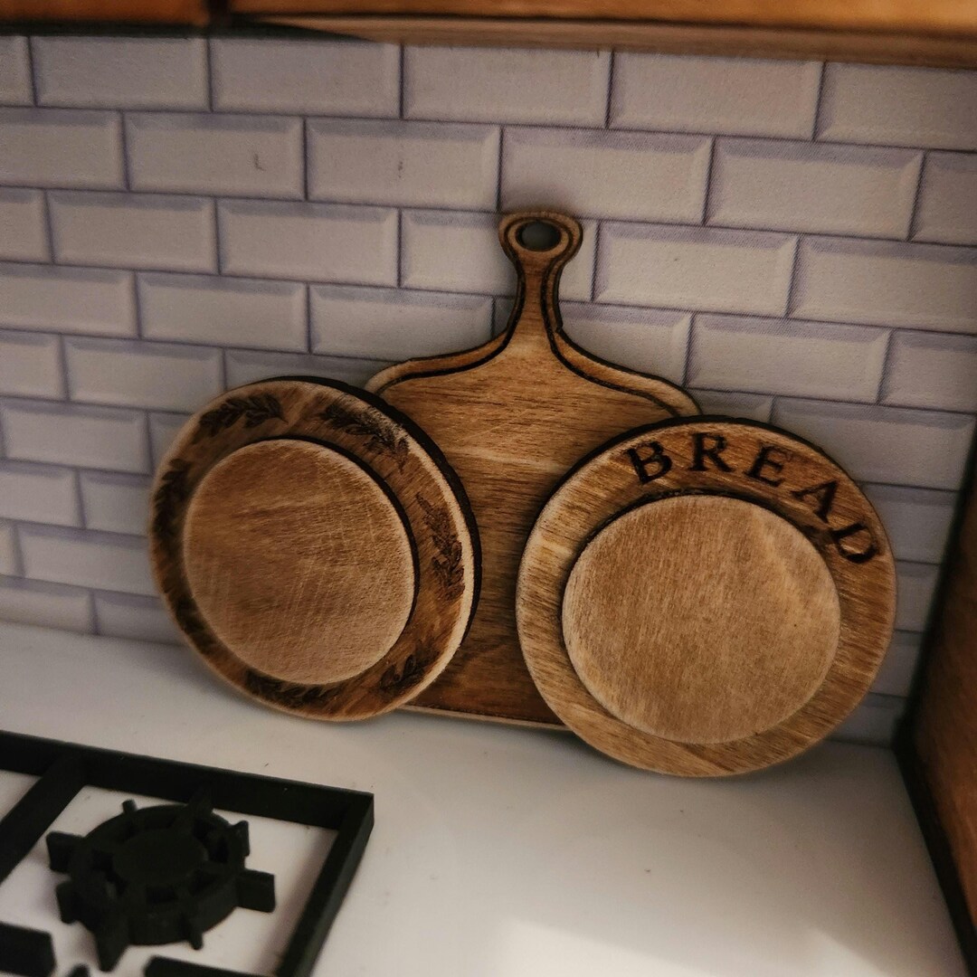 Dollhouse Miniatures ROUND BREAD BOARD Set, Candleholder, Miniature ...