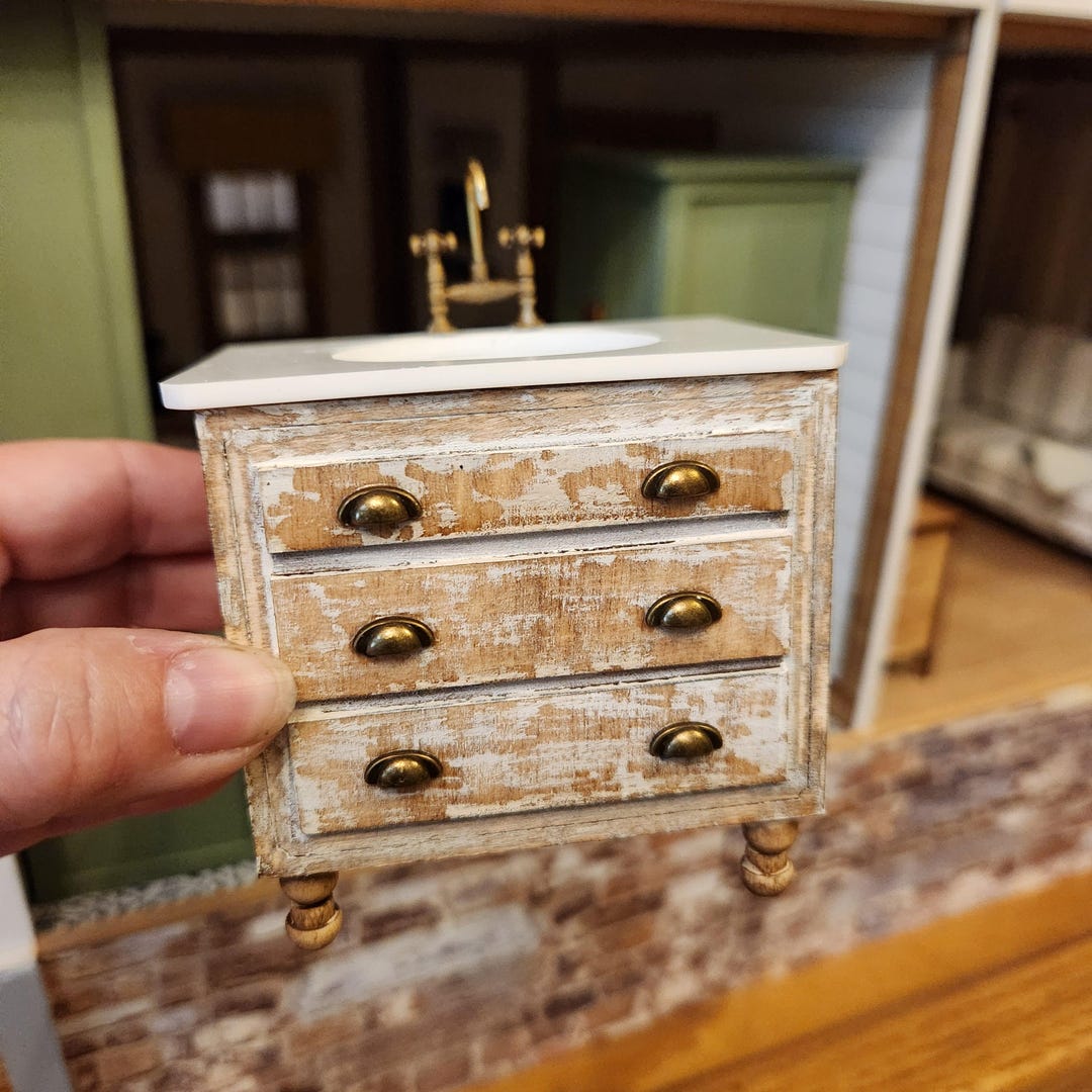 Dollhouse Miniatures Farmhouse Rustic WHITE CHIPPY VANITY, Modern ...