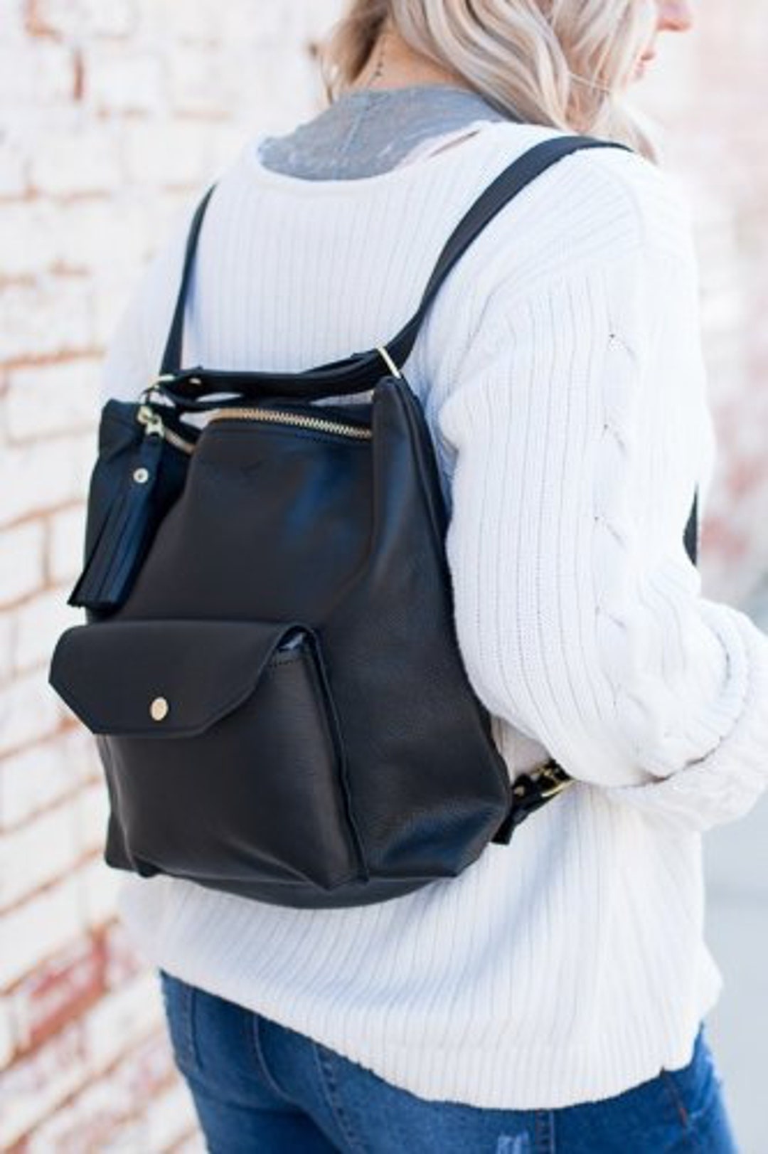 Leather Backpack Convertible Backpack Purse Black Leather - Etsy