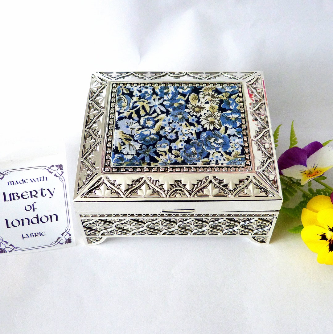 Blue Floral Art Deco Silver Plated Trinket / Small Jewellery Box With ...