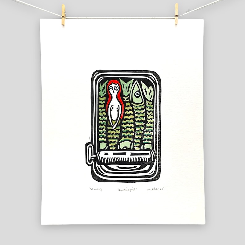 Sardine Girl | Hand Pulled Block Printed & Water Color Original Art ...