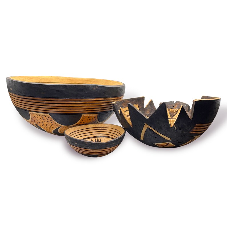 Set of Three Vintage African Hand-carved Gourd Calabash Bowl - Etsy
