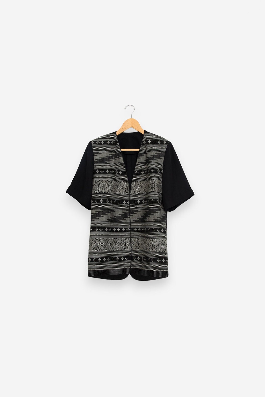 Vintage 90s Black Bohemian Southwestern Tribal Print Short Sleeve Open ...