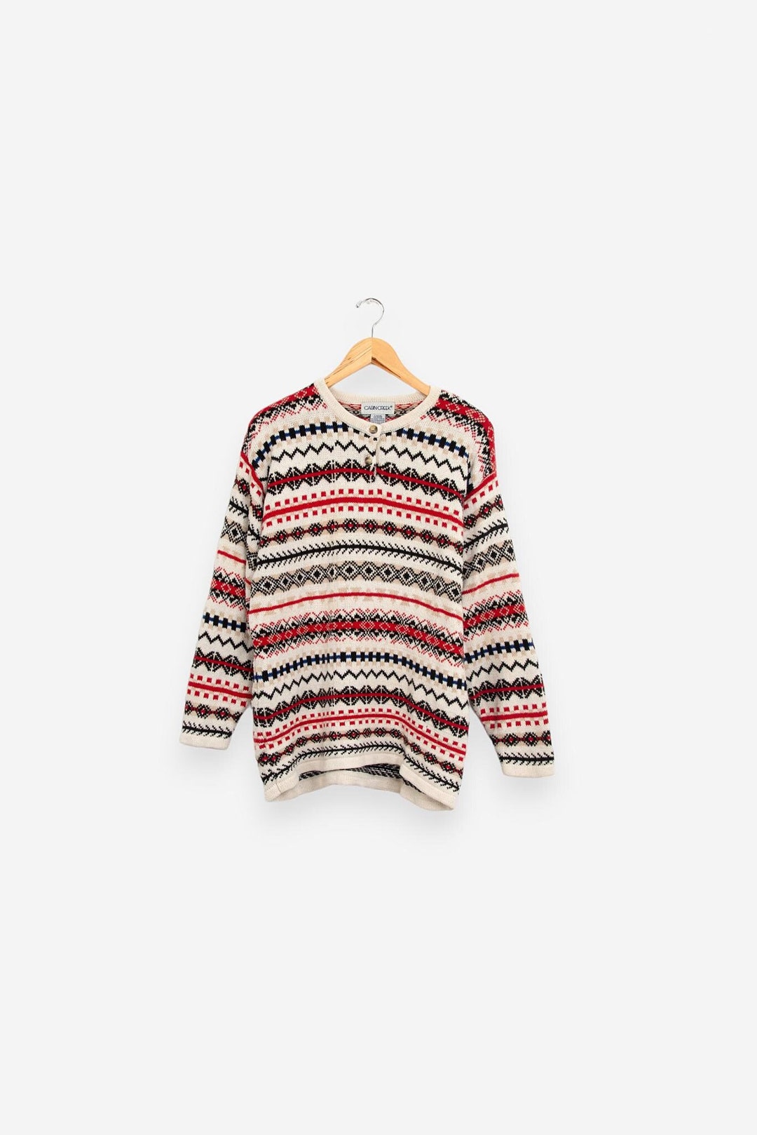 Vintage 90s White Bohemian Fair Isle Tribal Print Quarter Button ...