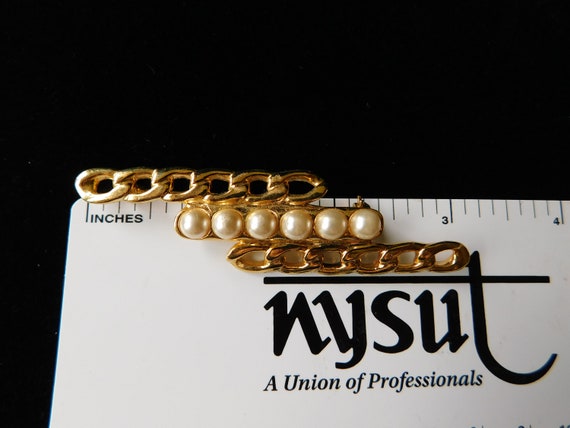 Chain Bar Pin Gold Tone White Faux Pearls Staggered G… - Gem